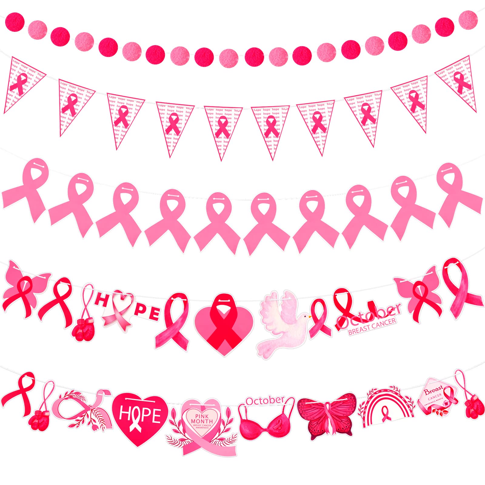 Tudomro 5 Pcs 118 inches Breast Cancer Awareness Decorations Pink Ribbon Pennant Banner Pink and White Hope Faith Strength Courage Inspiring Flag Love Bunting Wall Banner for Breast Cancer Month