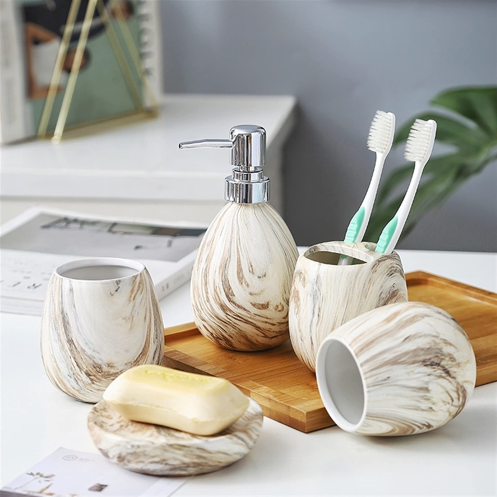 SUNESA Soap Dispenser Marble Pattern 6-Piece Soap Dispenser Set, Modern Kitchen and Bathroom Accessories, for Bathroom Kitchen Home, with Tray Bathroom Soap Dispenser (Color : 1)
