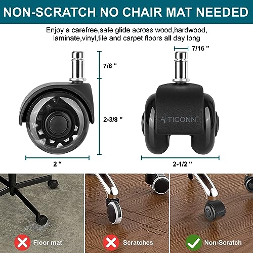 TICONN Office Chair Caster Wheels 2" Dual Wheels Set of 5 for Tile and Hardwood Floors, Universal Fit for Most Chairs (Transparent)