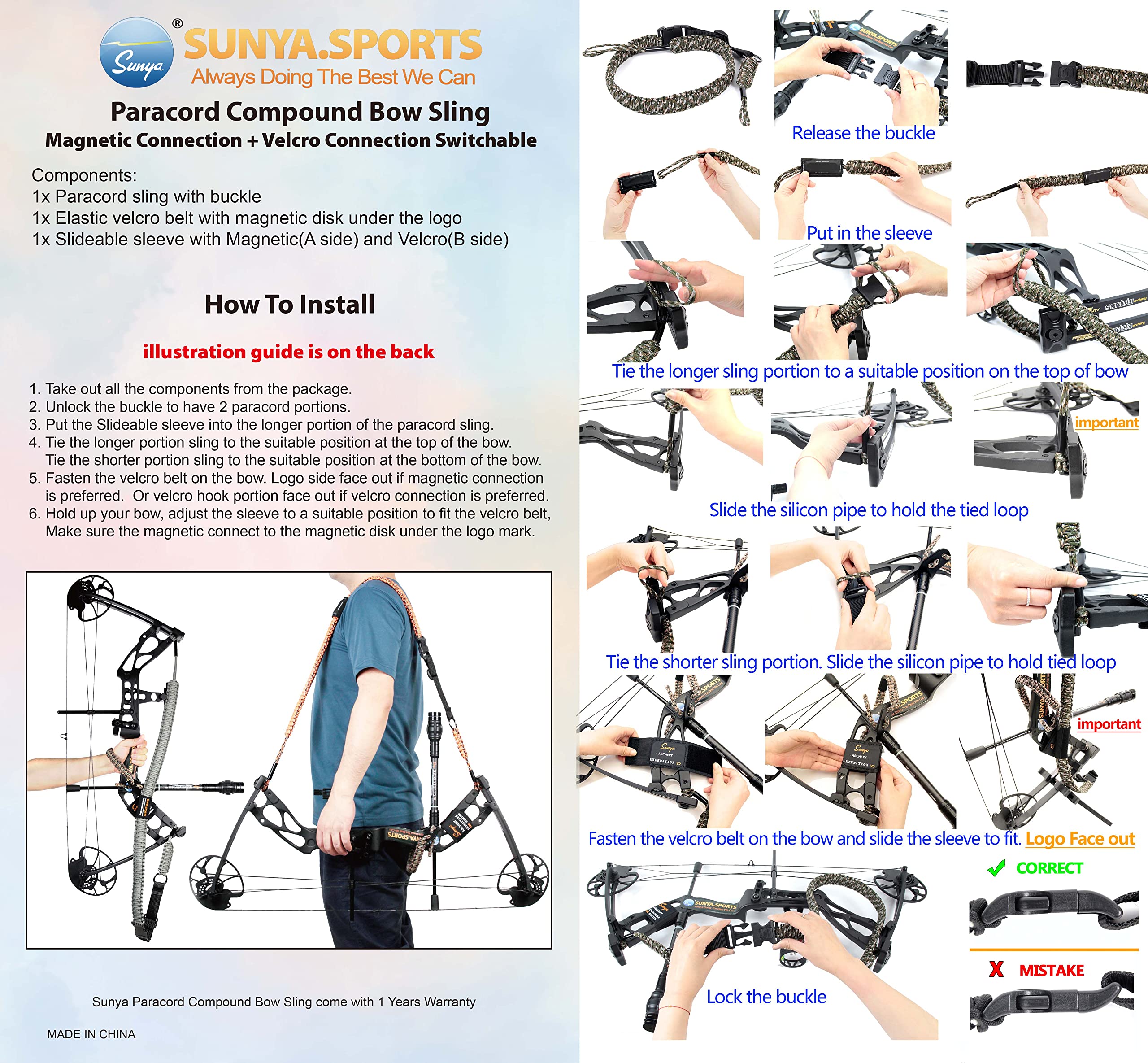 Sunya Paracord Compound Bow Sling with V2 Upgraded Magnetic Connection System. Lightweight Hands Free Shoulder Carrying Sling for Bow Hunting, Field Archery and 3D(Blackout)