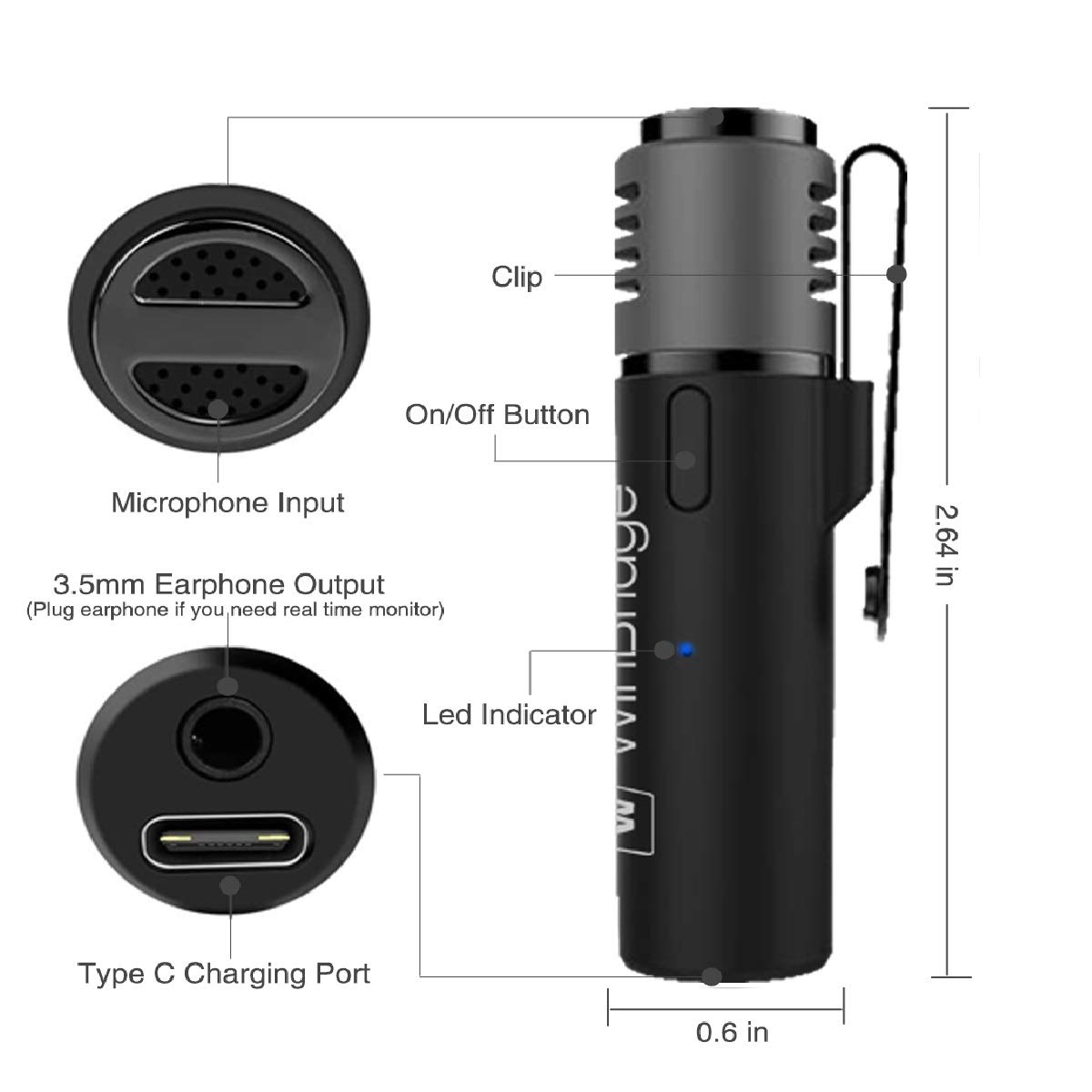 WinBridge Bluetooth Lavalier Microphone, Wireless Lavalier Microphone for iPhone, Wireless Clip On Mic Perfessional for Recording,Teaching,Bloggers,Vlogger,Interview Video