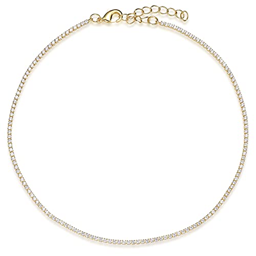 Vescence Cubic Zirconia Choker Adjustable 12-14 Inch | 1.75mm Round Cut Tennis CZ Chain Necklace Gold for Layering | Bridal Party Gold Jewelry Hypoallergenic