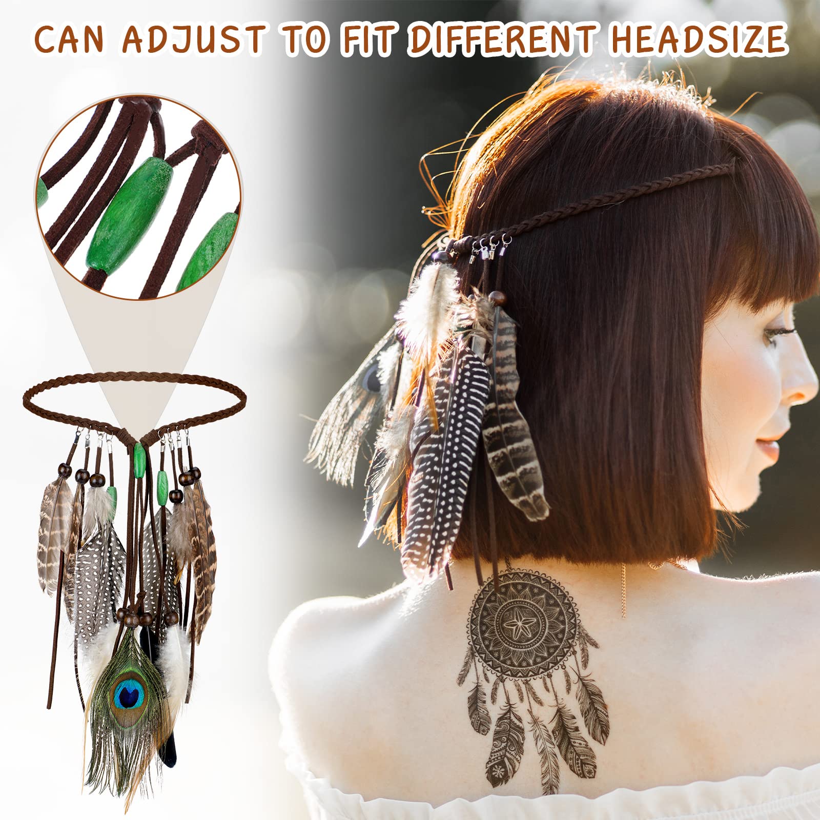 XunYee 4 Pack Halloween Feather Hair Clips Boho Feather Headband Hippie Hair Extensions with Feather Clip Comb Set for Women(Boho Style)