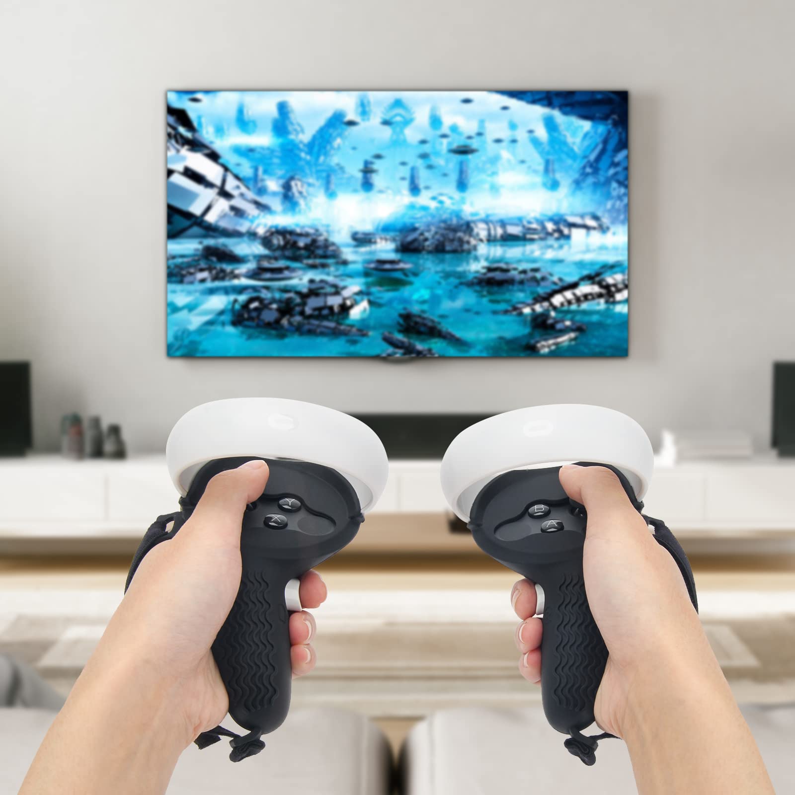 Windspeed Controller Grips Cover for Oculus/Meta Quest 2, Black Silicone Anti-Throw VR Handle Cover with Adjustable Straps for Oculus Quest 2 Accessories Soft VR Handle Protective Sleeve