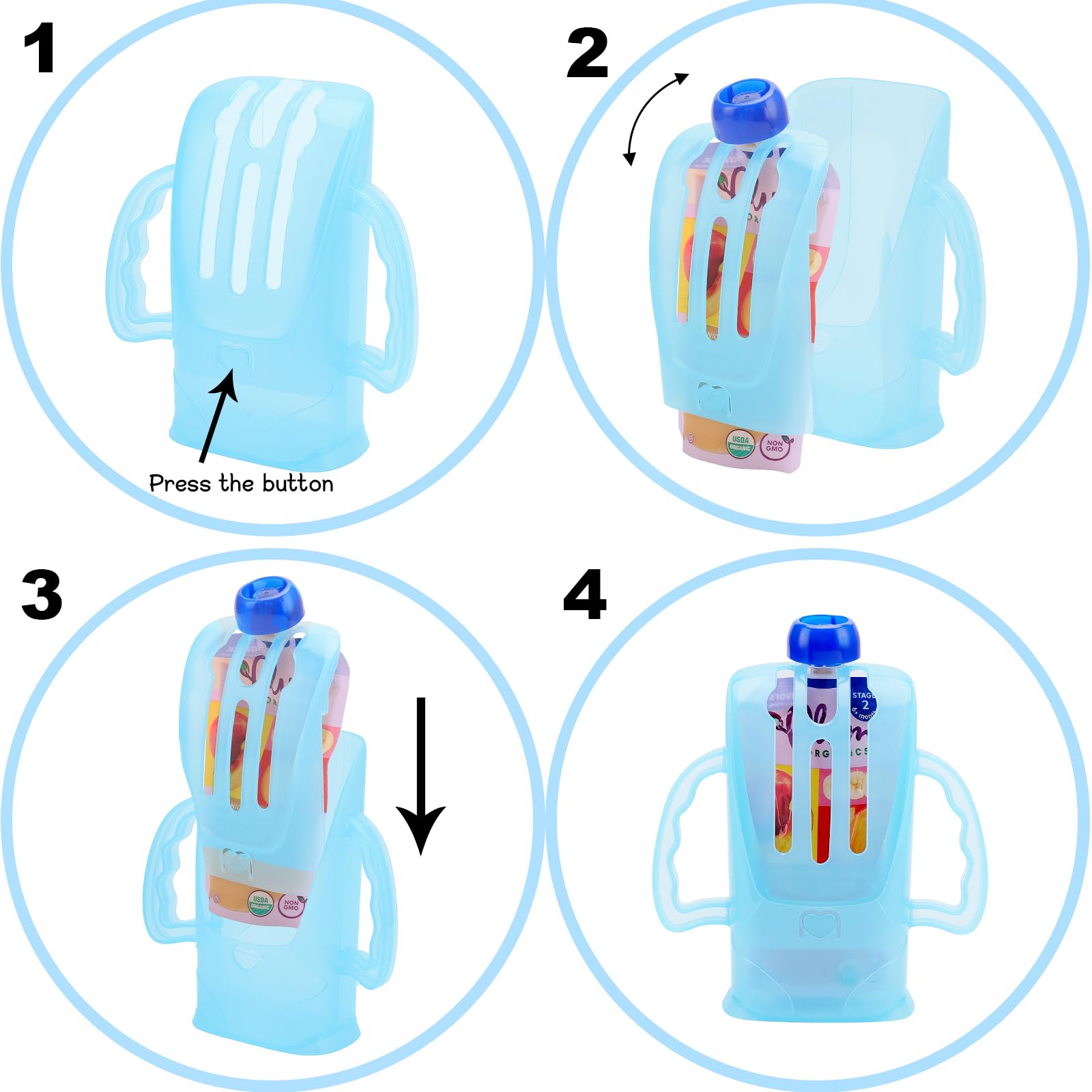 Squeeze Proof Holder for Food Pouches & Juice Boxes, Universal Multipurpose Design, Makes Baby More Fond of Self-Feeding, Prevent Messes, Food Safe (Blue)