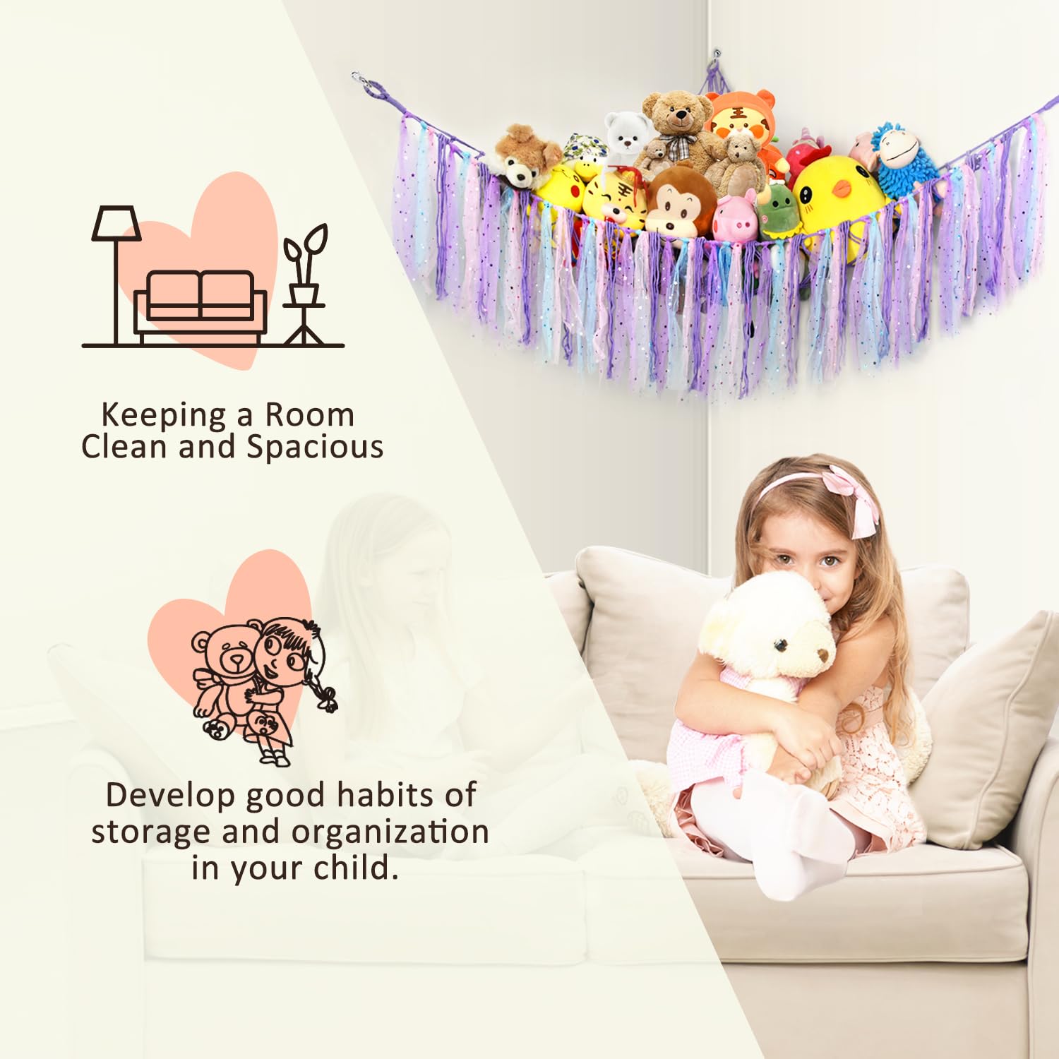 Stuffed Animals Net or Hammock with LED Light, 59 inch Mesh Toy Hammock Net for Stuffed Animals Holder Corner Organizer, Hanging Toy Net Pet Storage with Tassel & Hooks for Nursery Kids Bedroom