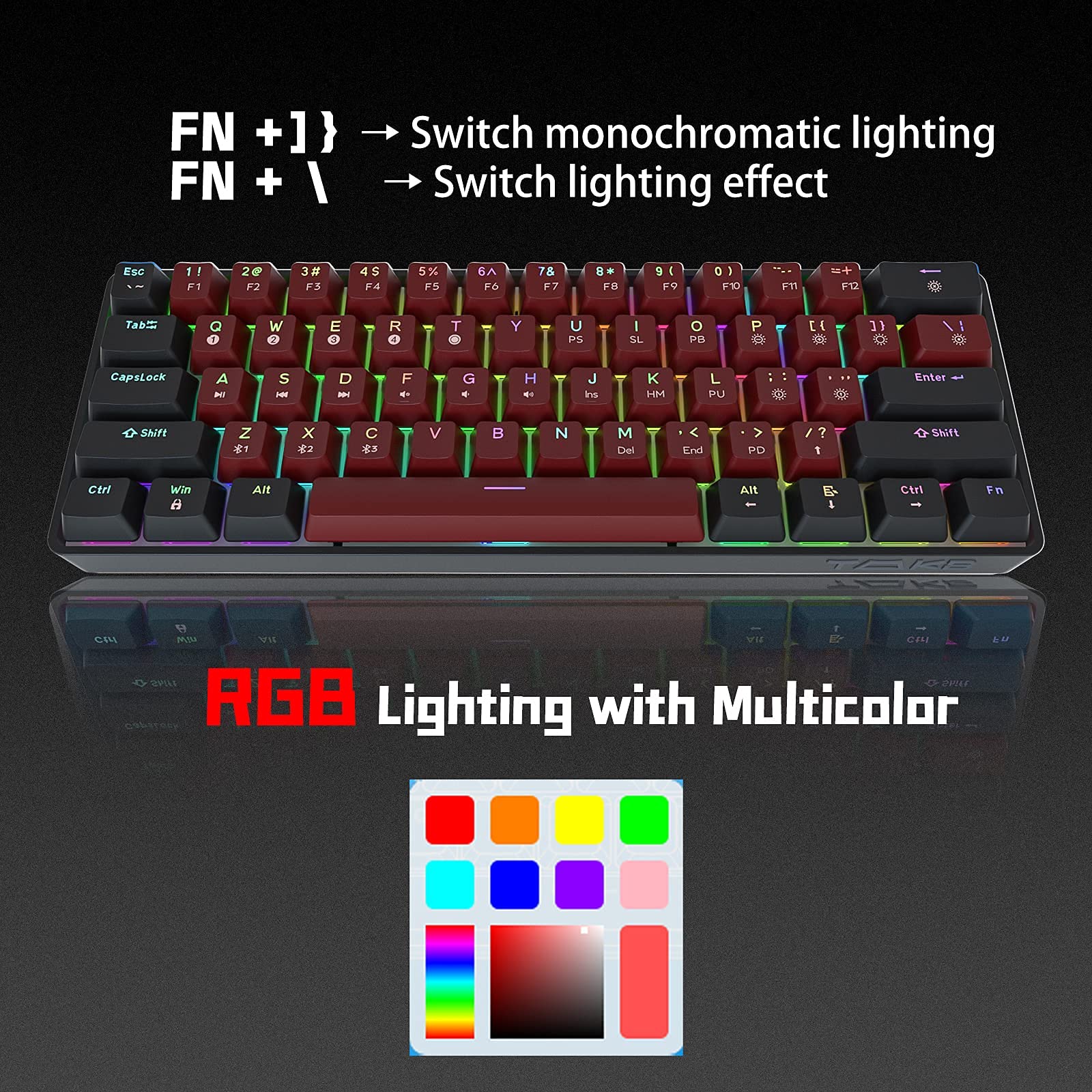 TMKB GK61 60% Mechanical Gaming Keyboard,Hot Swap Dual-Mode RGB Blacklit Ultra-Compact Mini Compact 61 Keys Keyboard for PC/Mac Gamer Full-Key Programmable (Red Switch)