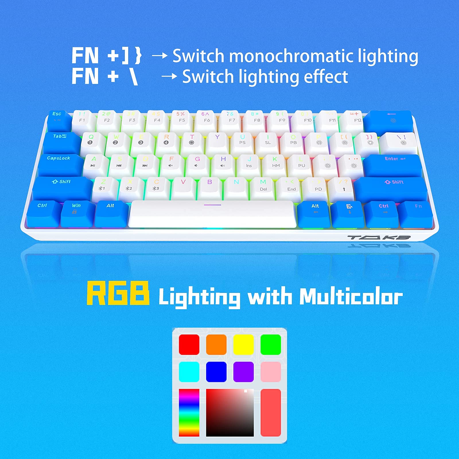 TMKB GK61 60% Wireless Keyboard Hot Swap Dual-Mode RGB Blacklit Audible Click Sound Mini Compact 61 Keys Mechanical Keyboard for PC/Mac Gamer Full-Key Programmable (Gateron Optical Brown Switch)