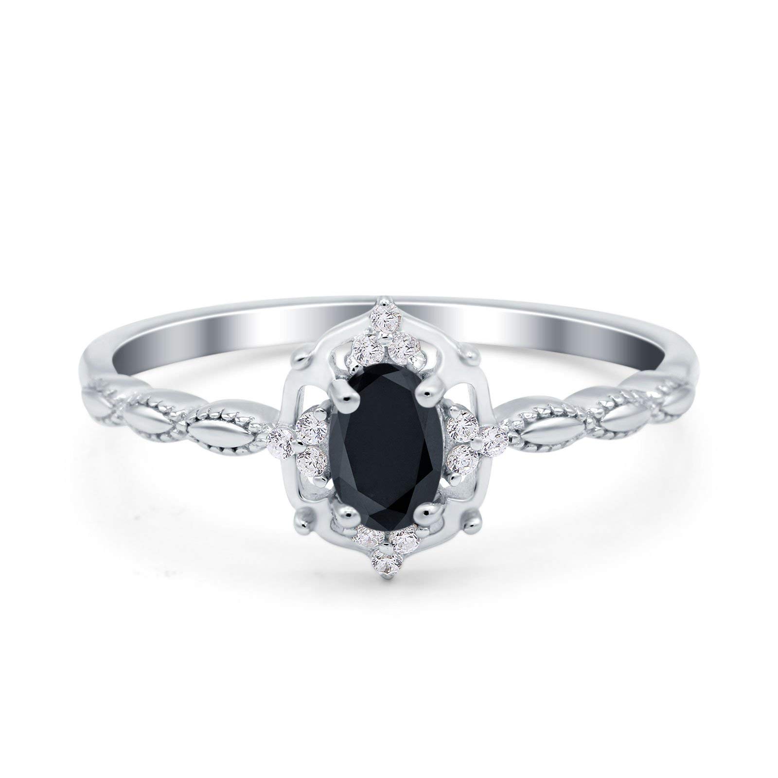 Simulated Black Cubic Zirconia Size-7 Oval Cut Petite Dainty Marquise Vintage Art Deco Floral Wedding Engagement Ring Simulated Cubic Zirconia 925 Sterling Silver