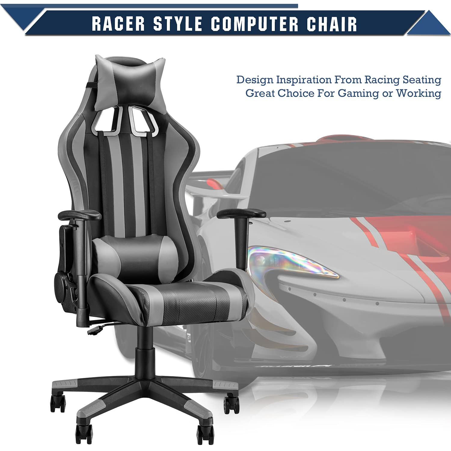 Soontrans Reclining Home Office Chair,Ergonomic Computer Chair,Executive Swivel Task Chair,Racing Gaming Chair with Adjustable Recliner Armrest Headrest and Lumbar Pillow Support (Gray)