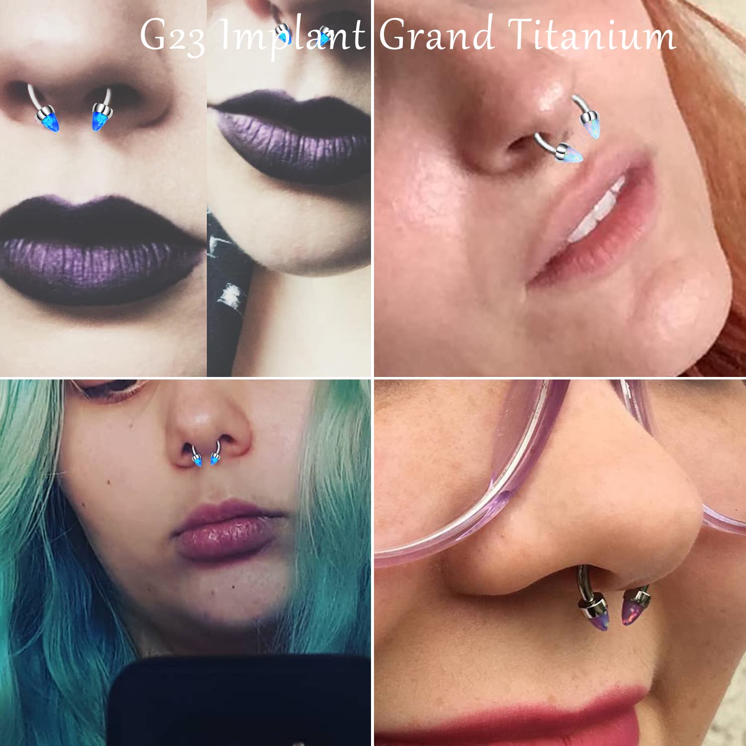 VOJO G23 Titanium 16G Opal Septum Rings,Horseshoe Daith Lip Nose Piercing Jewelry 8/10mm (8mm, Opal Blue)