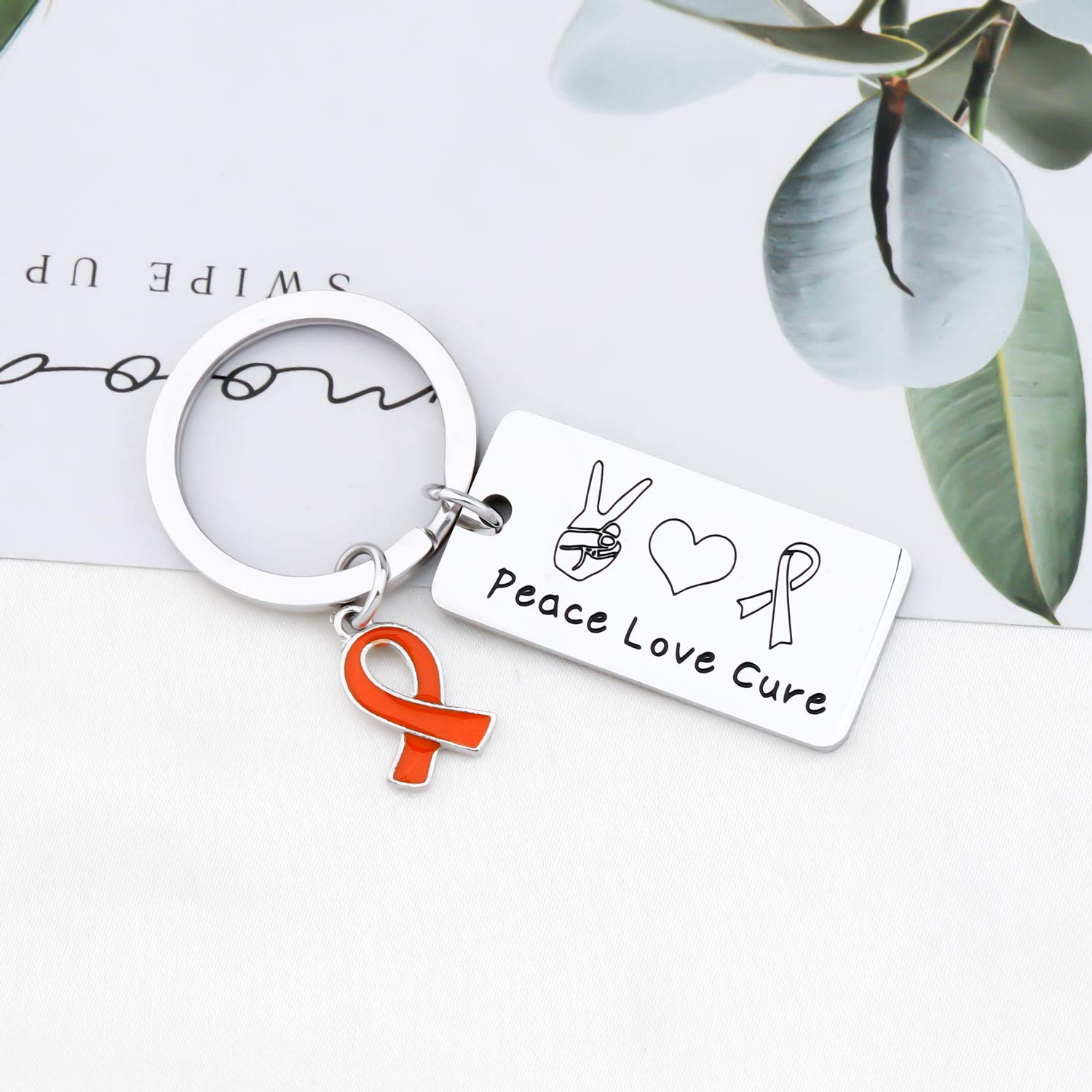 WSNANG Orange Ribbon Multiple Sclerosis Awareness Jewelry Peace Love Cure Leukemia Awareness Keychain Leukemia Warrior Gift (Orange Cure KC)