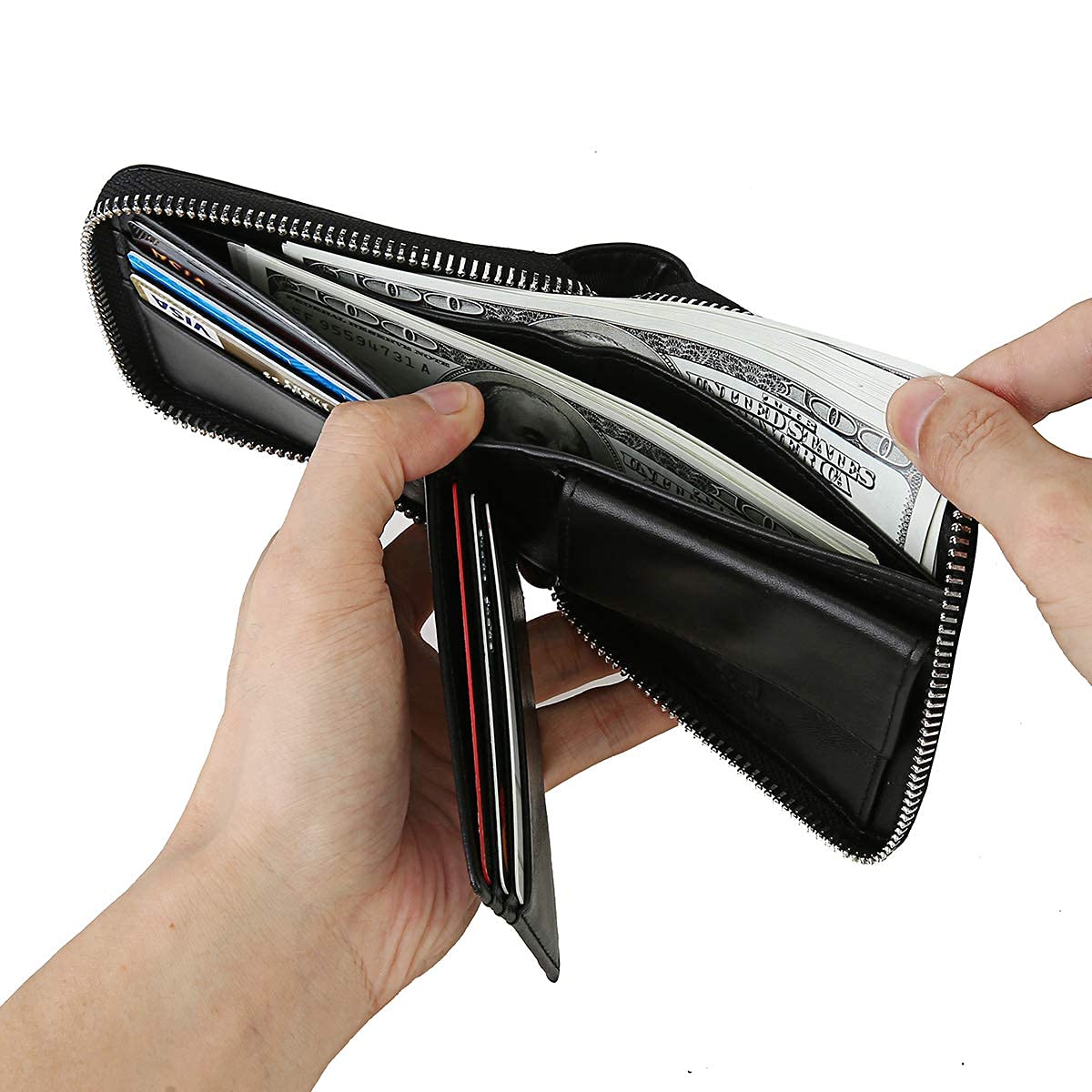 Slim Zipper Wallets For Men RFID Leather Mens Bifold Creidt Card Holder Zip Around Wallet With Coin Pocket