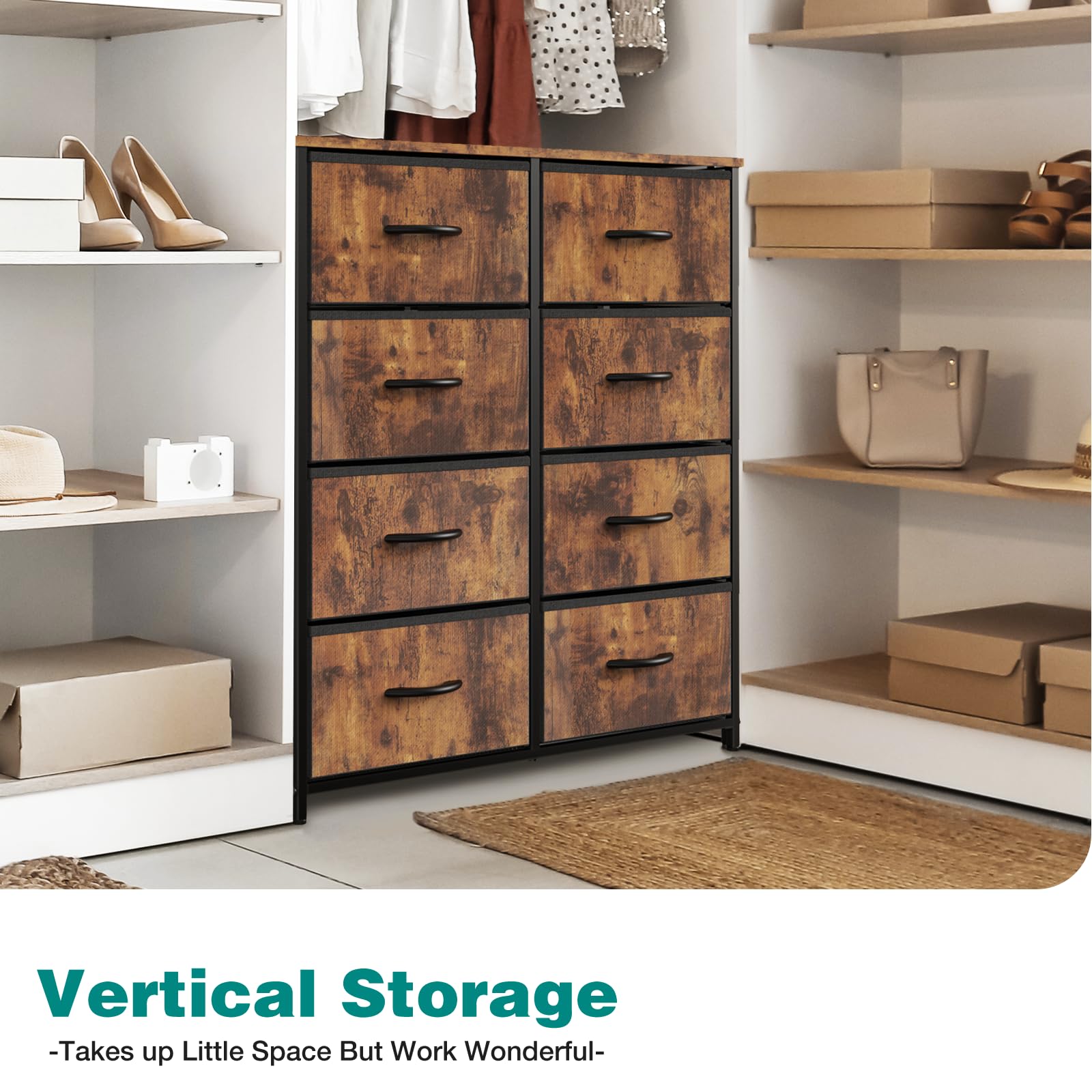 OLIXIS Organizer Storage 8, Chest of Drawers with Fabric Bins, Tall Dresser with Wood Top for Bedroom, Closet, Entryway, Brown
