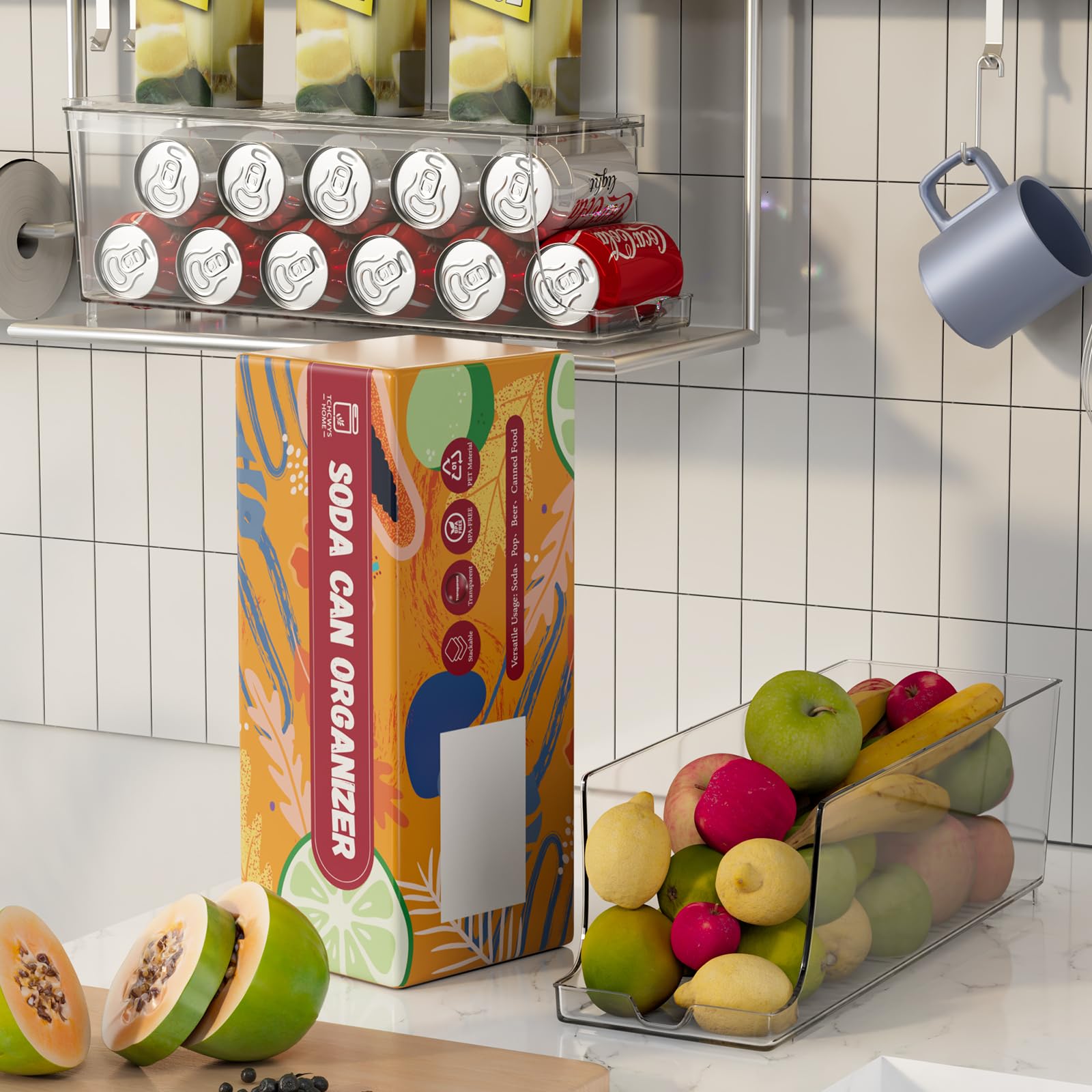 TCHCWYS 2 Pack Clear Stackable Soda Can Organizer with Lids, Refrigerator Organizer Bins, Can Holder Dispenser for Refrigerator, Pantry, and Cabinets, BPA-Free, Holds 12 Cans Each (2)