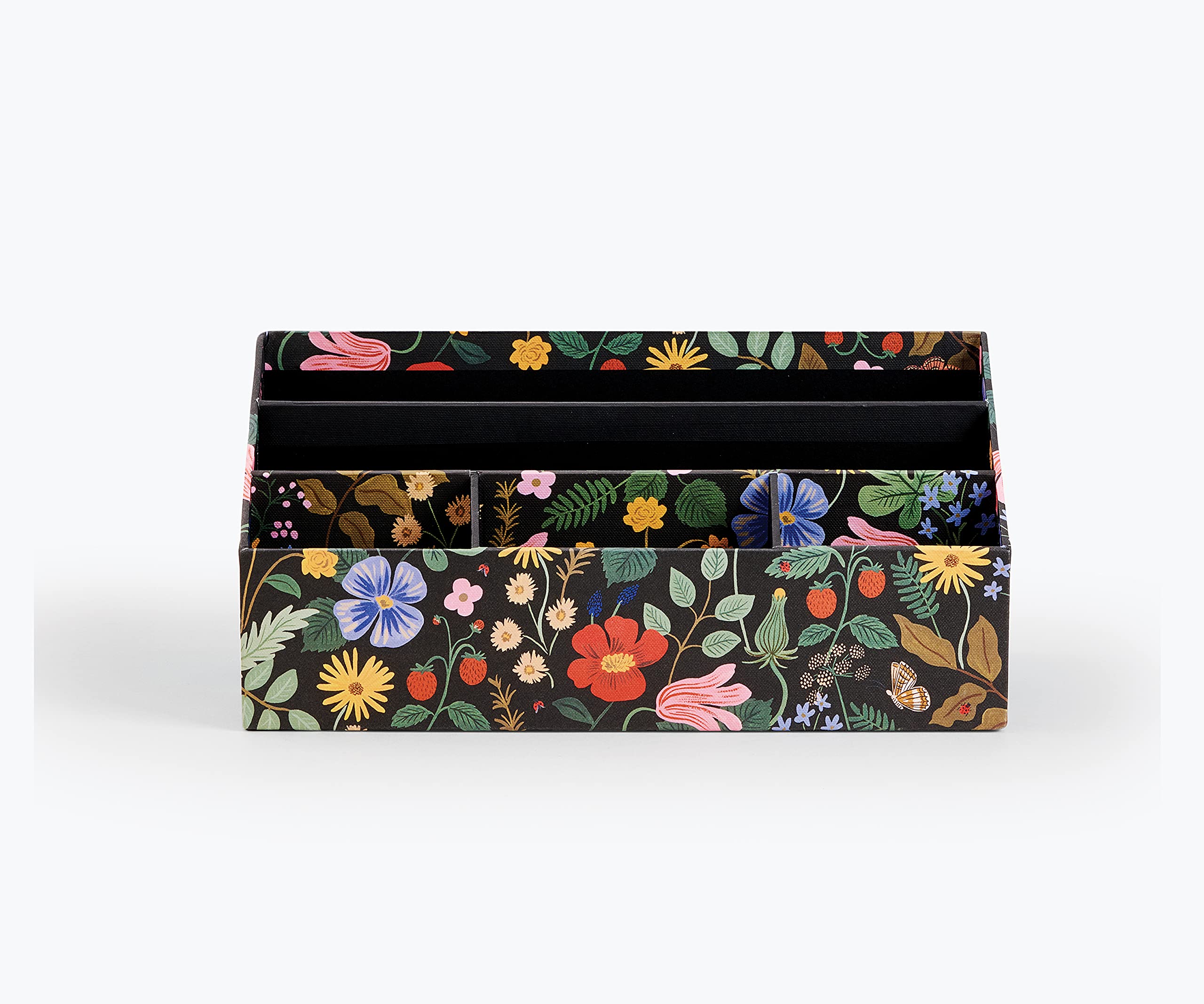 Rifle Paper Wrapped Desk Strawberry Fields Bundle with Desk Organizer, Magazine Holder, Letter Tray, Pencil Cup, and Writing Pen. Features Full Color Illustrations of Strawberry Fields Print.