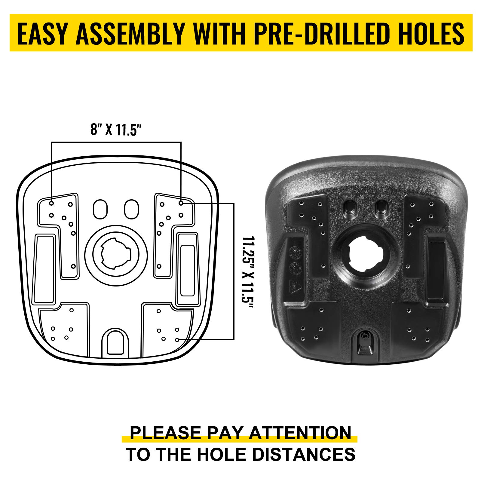 VEVOR Universal Tractor Seat Replacement, Compact High Back Mower Seat, Grey Vinyl Forklift Seat, Central Drain Hole Skid Steer Seat with Mounting Bolt Patterns of 8" x 11.5" & 11.25" x 11.5"