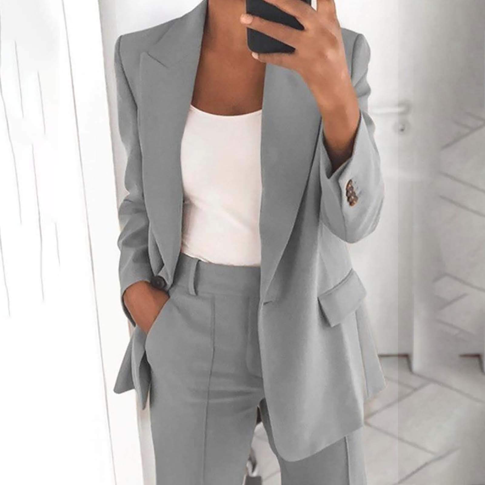 WUAI-Women Casual Blazers Long Sleeve Open Front Work Office Stretchy Suit Jackets Cardigans Coats Plus Size(Grey,Medium)