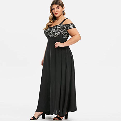 Women Plus Size Cold Shoulder Swing Dress Flower Lace High Waisted Dress Straps Maxi Dress