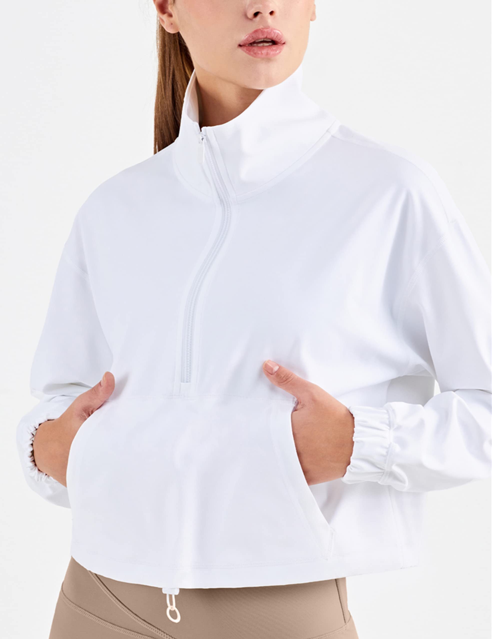 Tanming Women's Cropped Athletic Running Jacket Half Zip Pullover Workout Yoga Shirt (White-M)