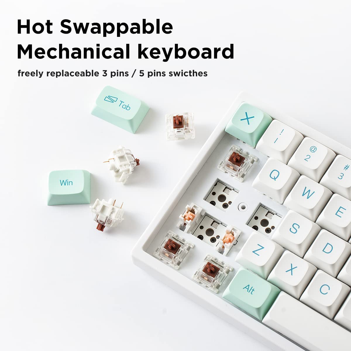 YUNZII YZ68 Mint Wirelss Hot Swappable Mechanical Keyboard 68-Key Gaming Keyboard, RGB Backlit for Mac/Win/Gamers (Gateron Red Switch, Mint)