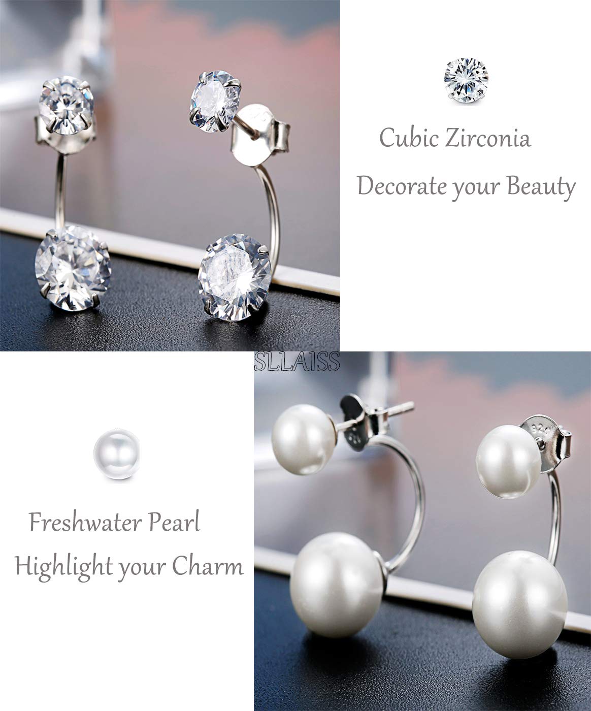 Sllaiss 2 Pairs Sterling Silver Double Ball Ear Jacket Earrings Set Cubic Zirconia Round Pearl Jewelry for Women (Silver)
