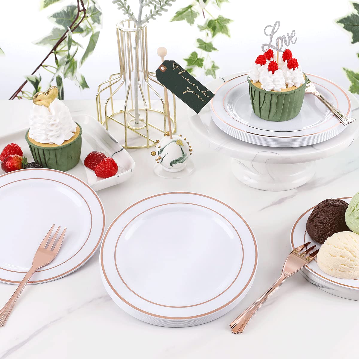 WELLIFE 240 Pieces Rose Gold Plastic Dessert Plates with Disposable Forks, Includes 120 Pcs Appetizers Plates 6.5 inch, 120 Pcs Rose Gold Forks, Perfect for Parties and Weddings