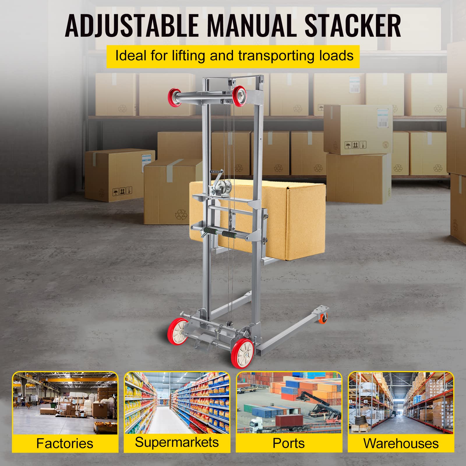 VEVOR Manual Winch Stacker, 41.7"L x 25.8"W Hand Winch Lift Trucks w/ 8.7" β 106.3" Height Range, with 441 lbs Capacity and Adjustable Straddle, Material Lifts for Warehouse and Factory