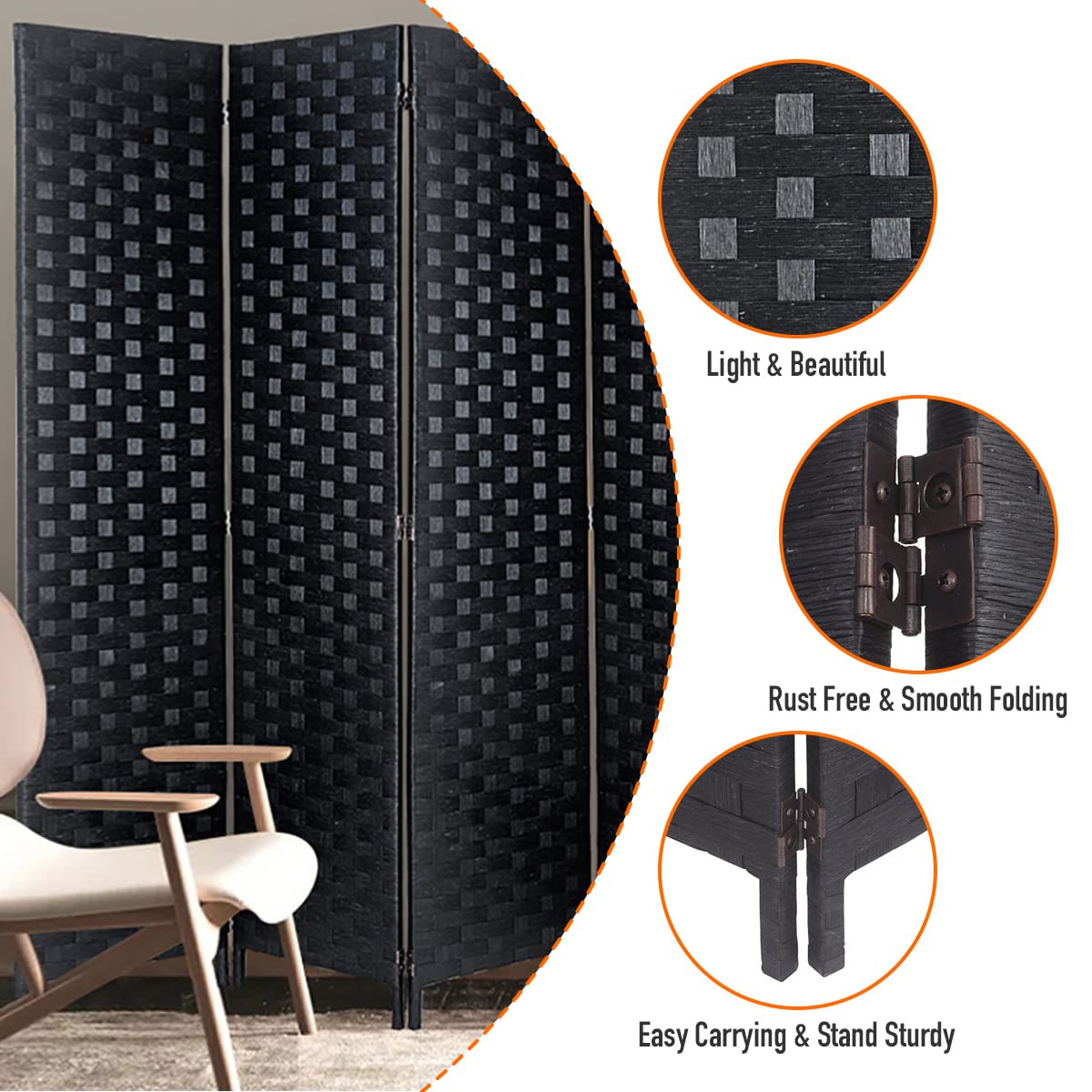 RHF 6 ft.Tall 16" Wide Room Dividers,Double Side Woven Fiber Divider,Better Privacy Screen,Folding Partition & Wall Divider,Space Seperate Indoor Decorative 6 Panel Screen,Freestanding- Black,6 Panels