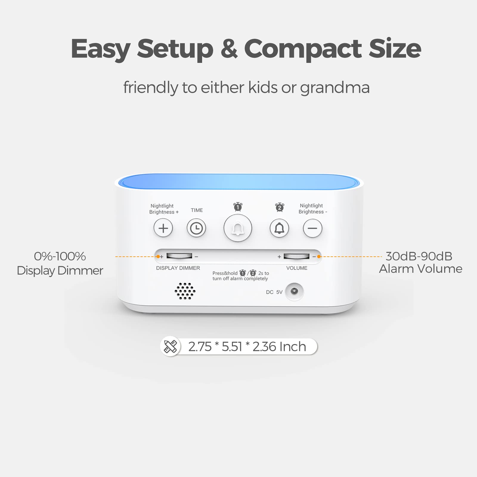 ONLAKE Alarm Clock for Bedrooms, Large Display Digital Clocks with 2 Alarms, 7 Color Larger Night Light, Battery Backup, Dimmer, Adjustable Volume, Easy Snooze (White)