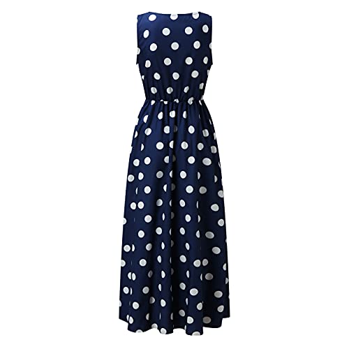 Women Polk Dot & Floral Long Dress Deep V Neck Printed High Wasited Side High Split Maxi Dress for Summer Navy