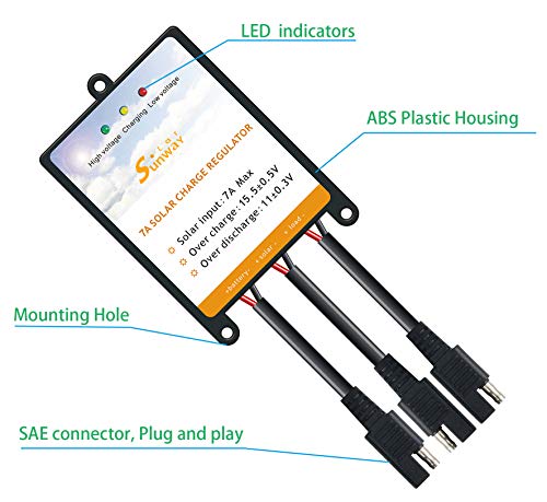 Sunway Solar Panels Charge Controller 12V Battery Regulator 7A for Safe Protection of 12Volt Solar Power Battery Charger, Solar Trickle Charger & Maintainer and Solar Powered System Kit