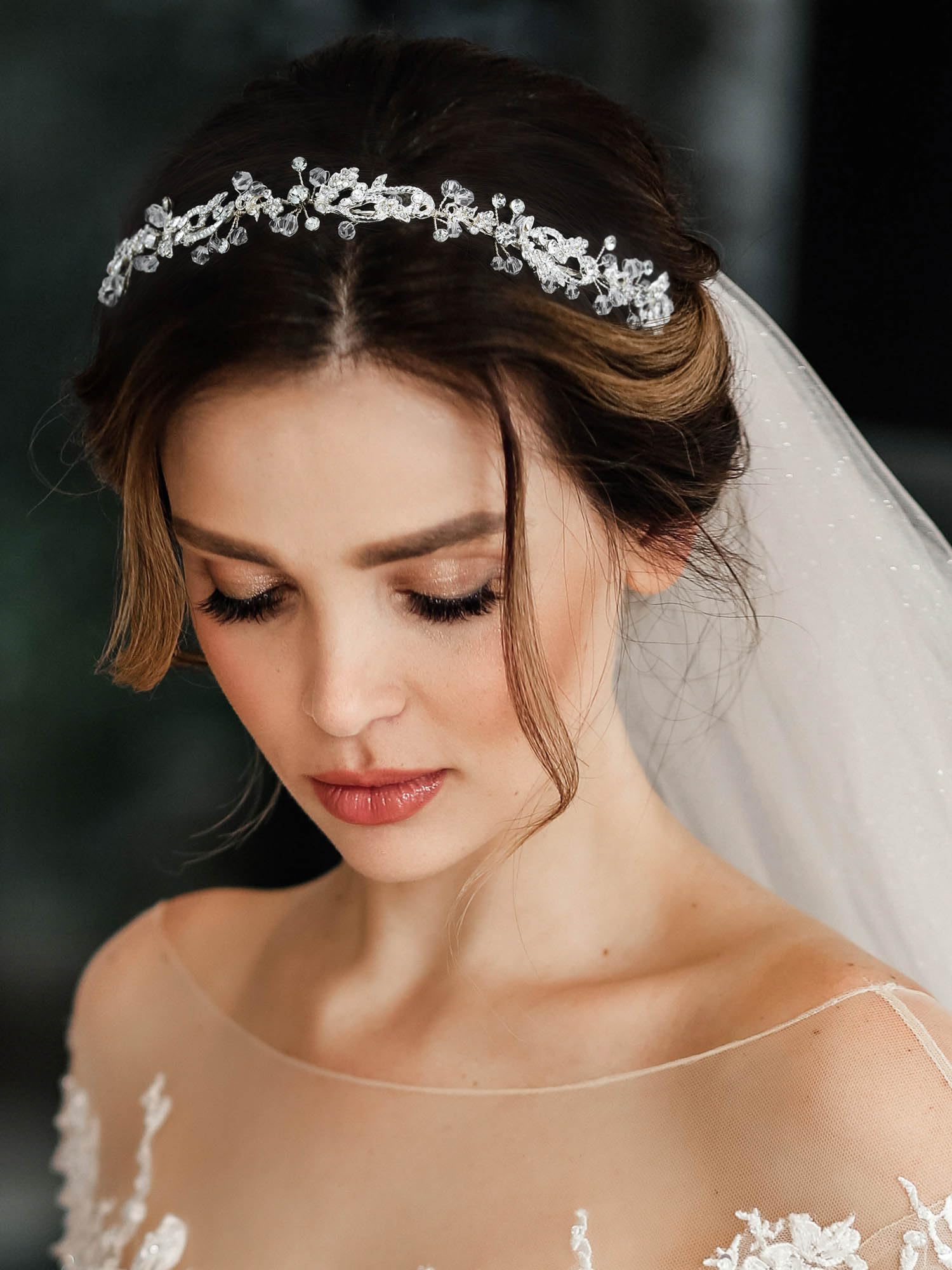SWEETV Silver Wedding Headpieces for Bride Handmade Bridal Headband with Rhinestones Hair Accessories Hair Vine for Women