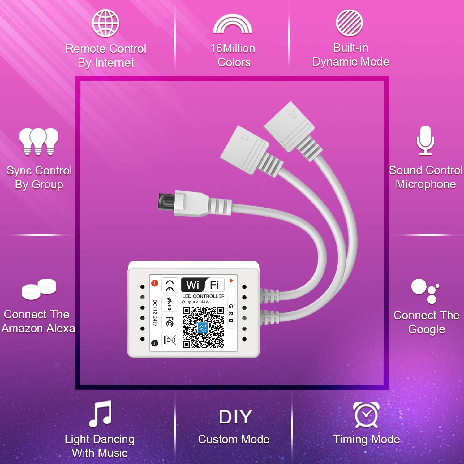 Smart WiFi LED Strip Light Controller, 2 in 1 DC12-24V 144W 6A with Remote, Works with RGB LED Strip Light, Compatible with Alexa Google Home and Siri
