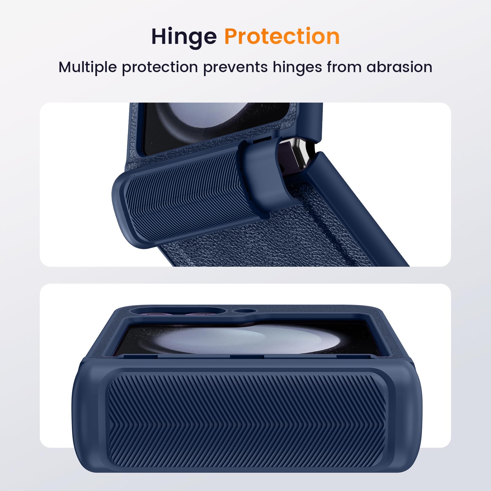 NULETO Blue Leather Galaxy Z Flip5 Case with Hinge Protection, Built-in Screen Protector