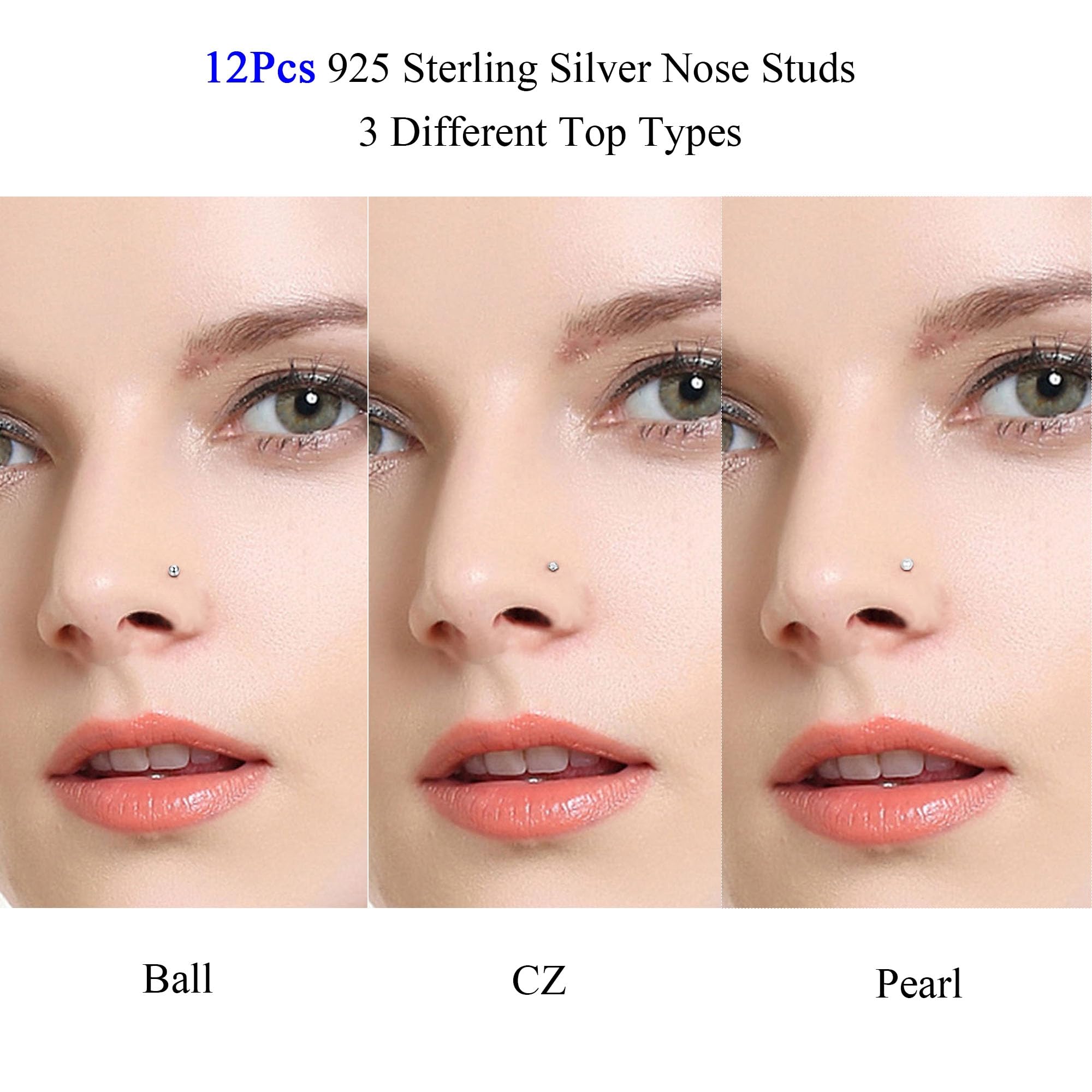 Sllaiss 12Pcs 20G Nose Rings Stud Sterling Silver Small Ball Pearl CZ Nose Studs For Women Men Nose Piercing Jewelry 1.5mm 2mm (1.5)
