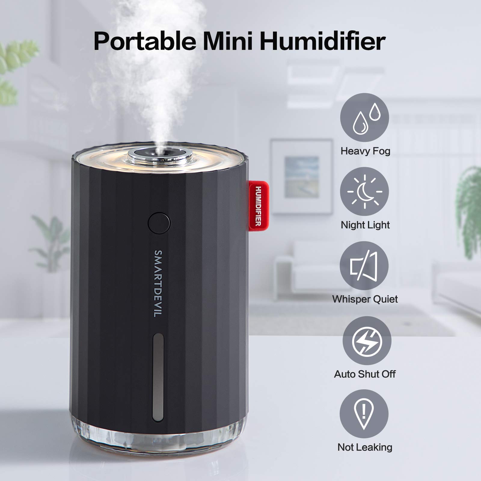 SmartDevil Mini Humidifier, Small Desk Humidifier, USB Personal Humidifiers with 2 Mist Modes, Whisper Quiet, Shut-Off for Bedroom, Plants, Baby Room, Office and Car (Black)