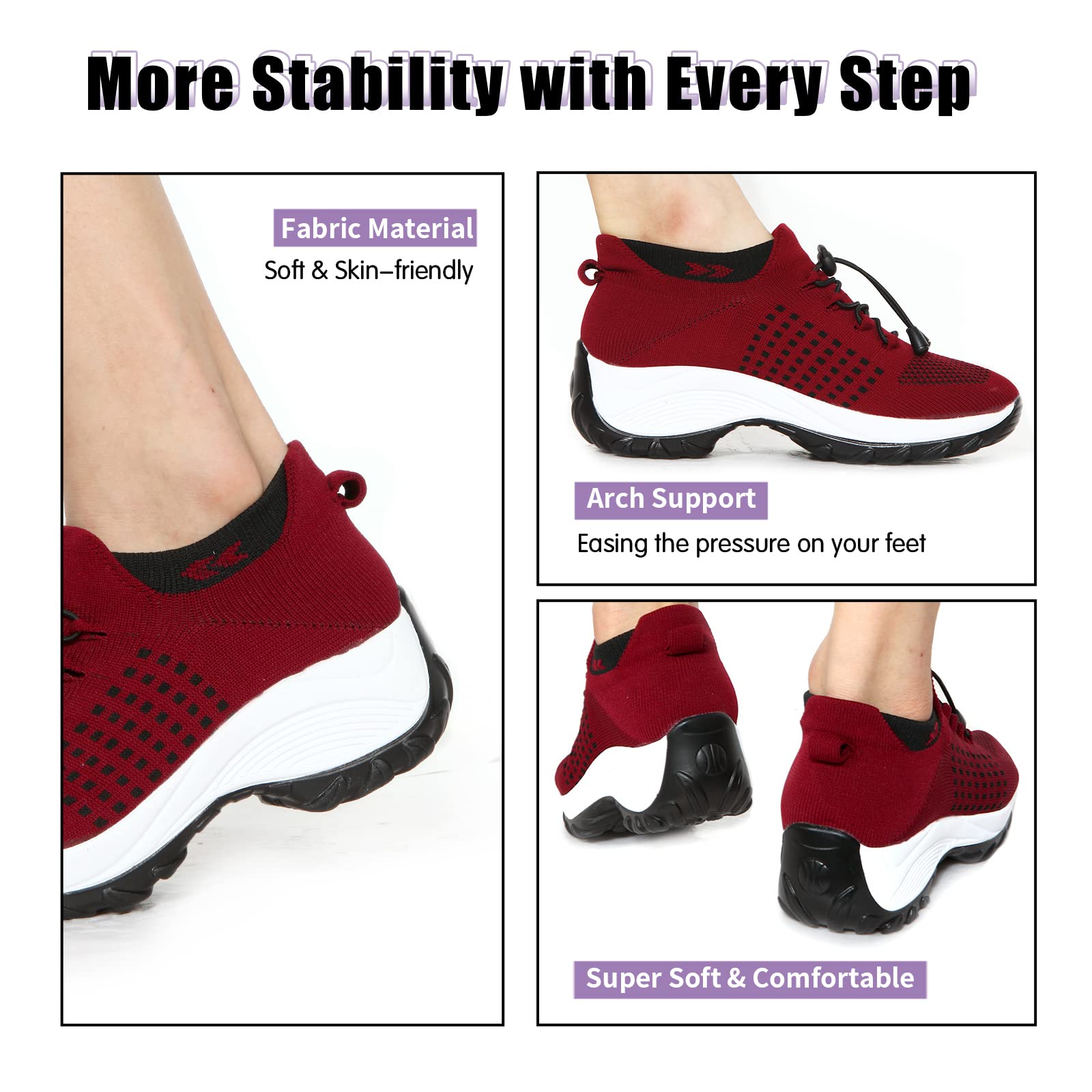 STUNAHOME Orthopedic Sneakers Breathable Women Walking Shoes Slip on Trainers Women's Comfortable Casual Ladies Athletic Shoe Thick Bottom Maroon