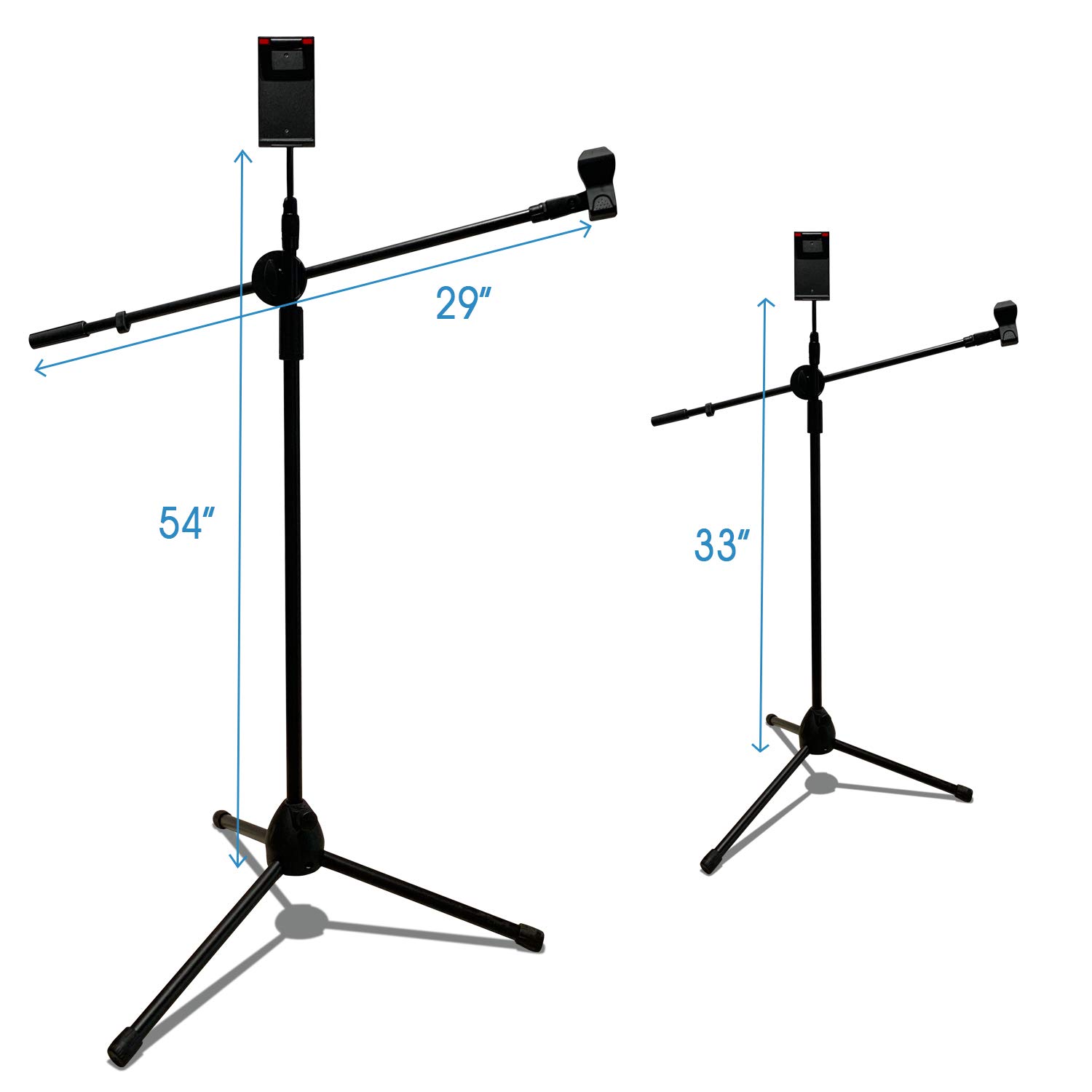RHM Microphone Stand with Tablet Holder, Lightweight Adjustable Collapsible Tripod Boom Mic Stand with 2 Clips,Extendable Telescopic Boom Arm for Karaoke,Speech,Studio,Party,Wedding