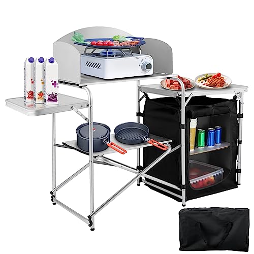 VEVOR Camping Kitchen Table, Aluminum Portable Folding Cook Station with Windscreen Cupboard, Storage Organizer Carrying Bag, Quick Installation, Outdoor Picnic Beach BBQ RV Traveling, Black