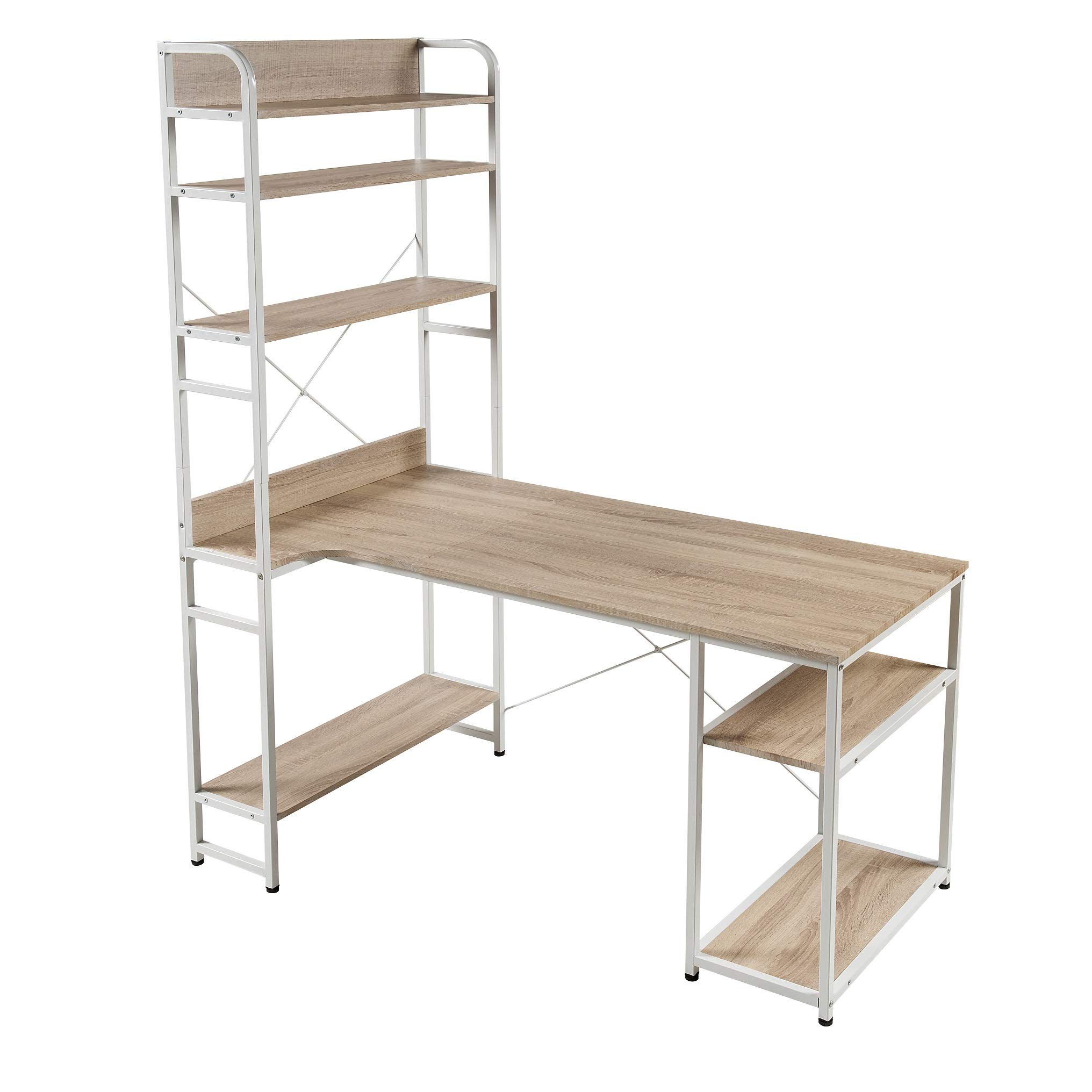 Rhomtree Computer Desk with 4 Tier Storage Shelves Large L-Shaped Home Office Desk PC Laptop Writing Table Workstation with Hutch Bookshelf (Oak)