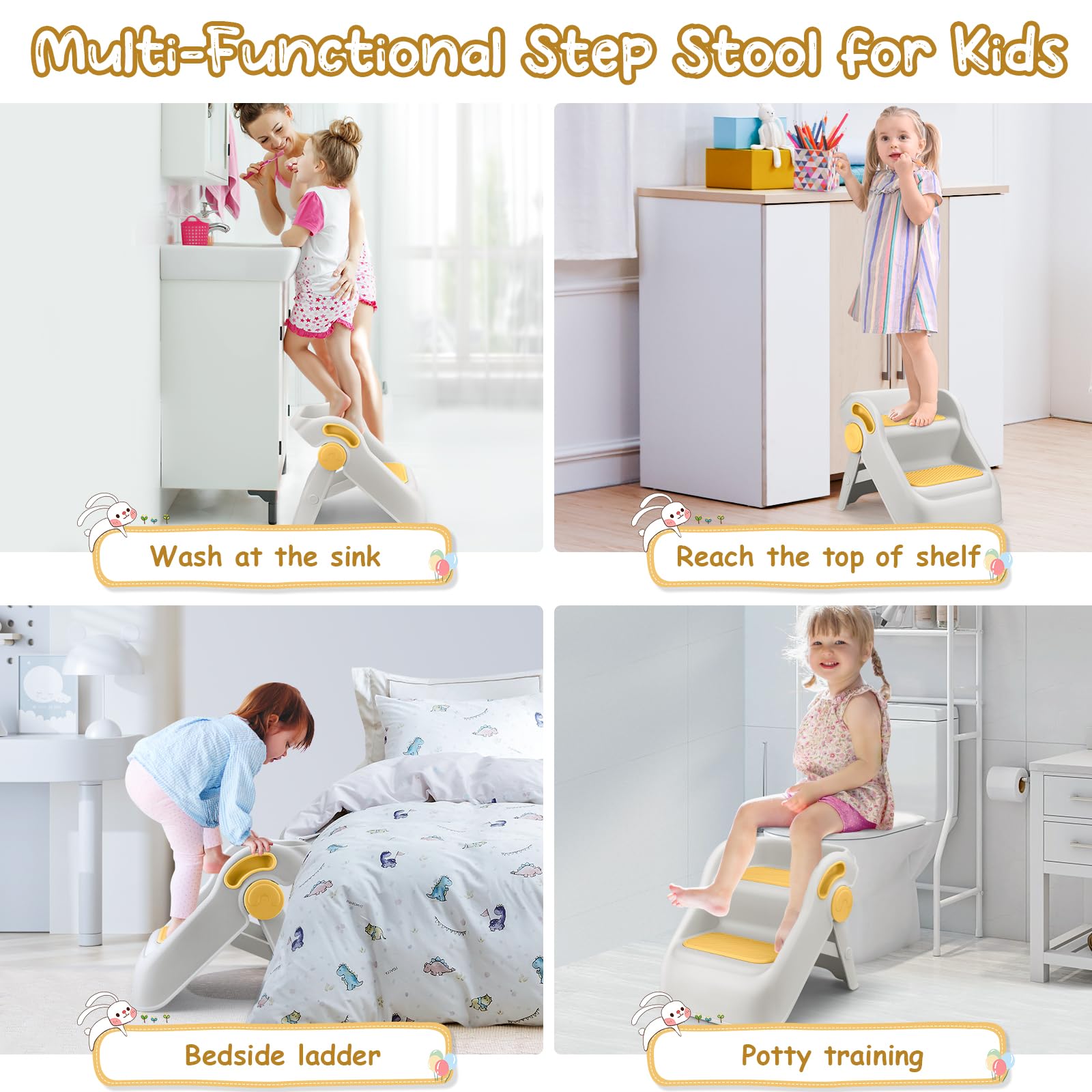 Step Stool for Kids, Foldable Anti-Slip 2-Step Stool for Toilet Potty Training, Sturdy Child Step Stool with Handles to Reach Kitchen Counter, Bathroom Sink, and Toddler Bed, White and Orange