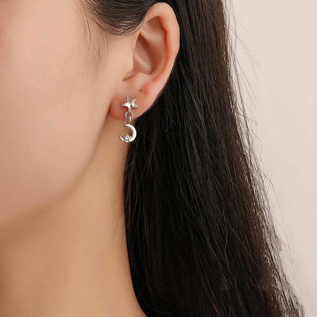 SLUYNZ 925 Sterling Silver CZ Crystal Star Moon Studs Earrings for Women Sparkling Asymmetric Studs Earrings (Star Moon Earrings)