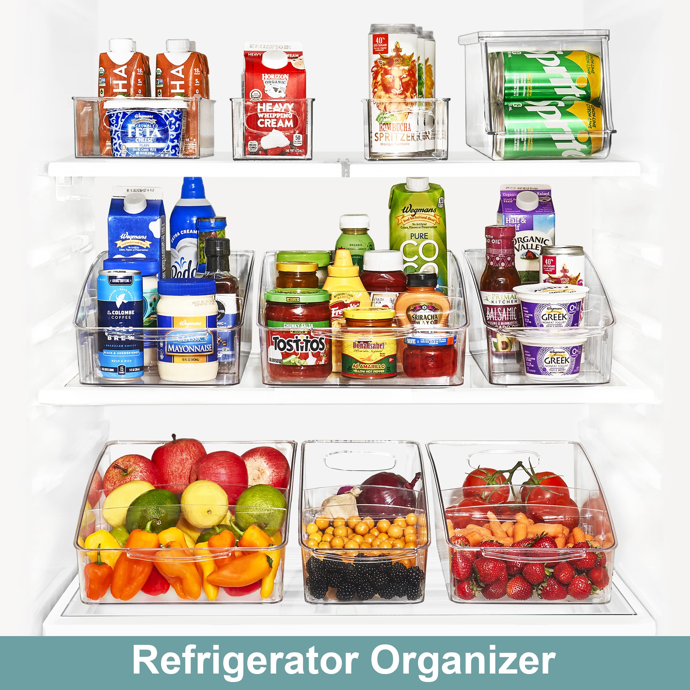 Sorbus Clear Fridge Organizer Bins & Curved Clear Rolling Bins Set - 6 Set with Egg Holder, Can Dispenser, and Varying Sizes - Curved 3 Piece Clear Storage Design with Handles, Dividers, and Wheels