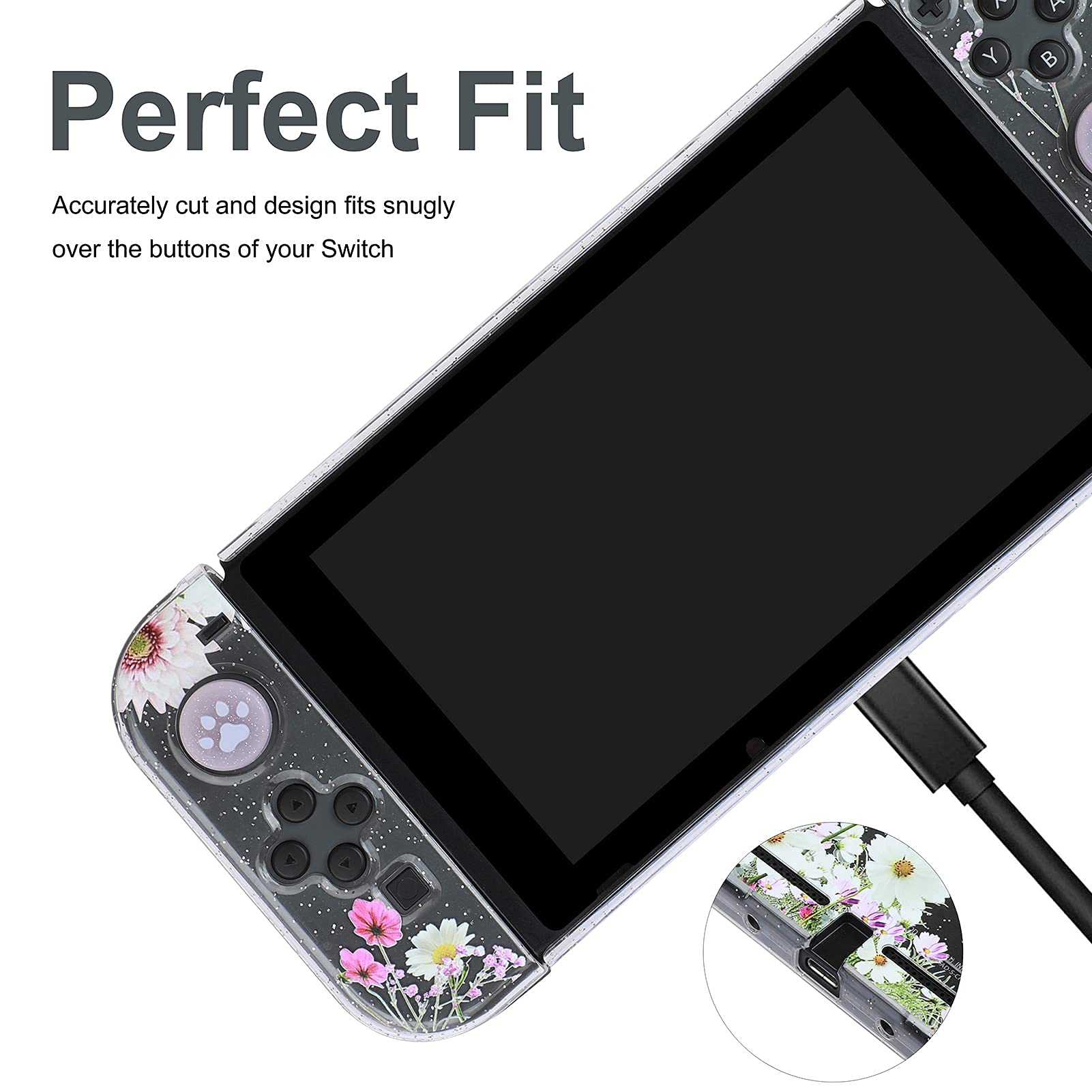 ThreeShip Kawvisy Dockable Crystal Case for Switch, Glitter Switch Cover with 4 Cute Cat Claw Thumb Grips and Screen Protector, Sparkle Switch Case(Pink Flower)