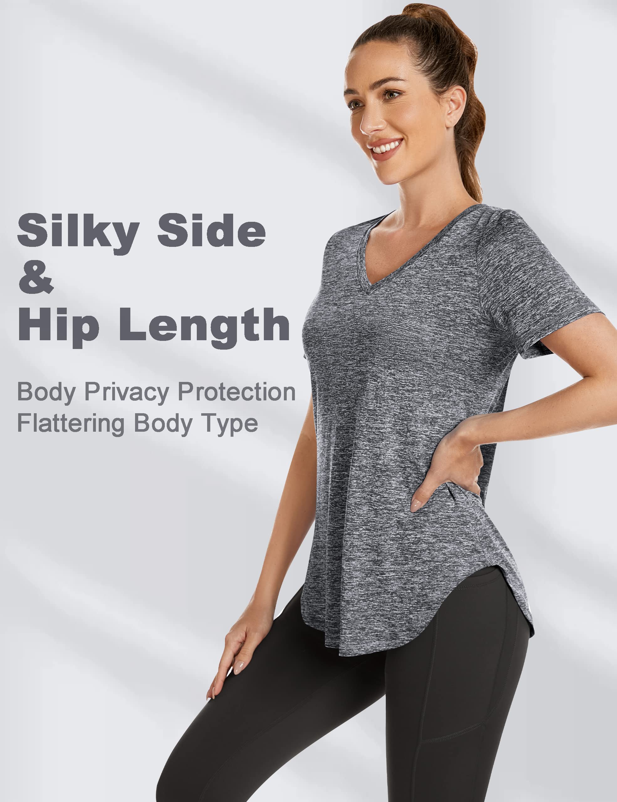 Yoga Shirts for Women Breathable Hiking T Shirt V Neck Workout Stretch Tees Active Workout Tops Grey
