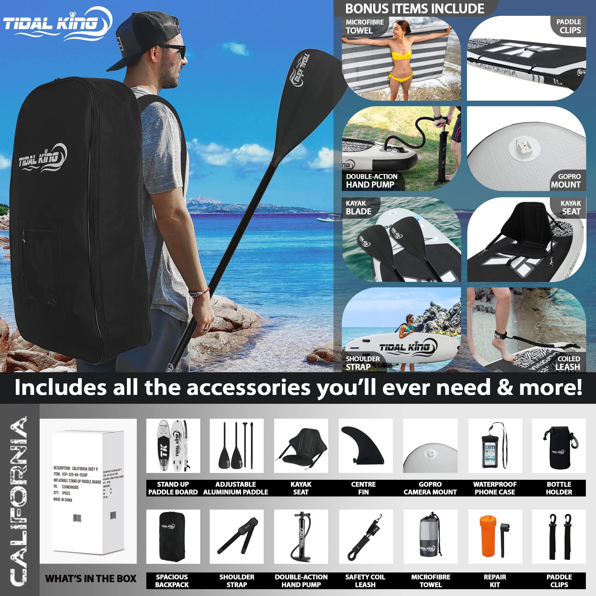 Tidal King California 10' 6” x 33” Wide & Extra Stable Stand Up Paddle Board ISUP - with Adjustable Paddle, Pump, Leash & Backpack - Standard SUP or Kayak Option