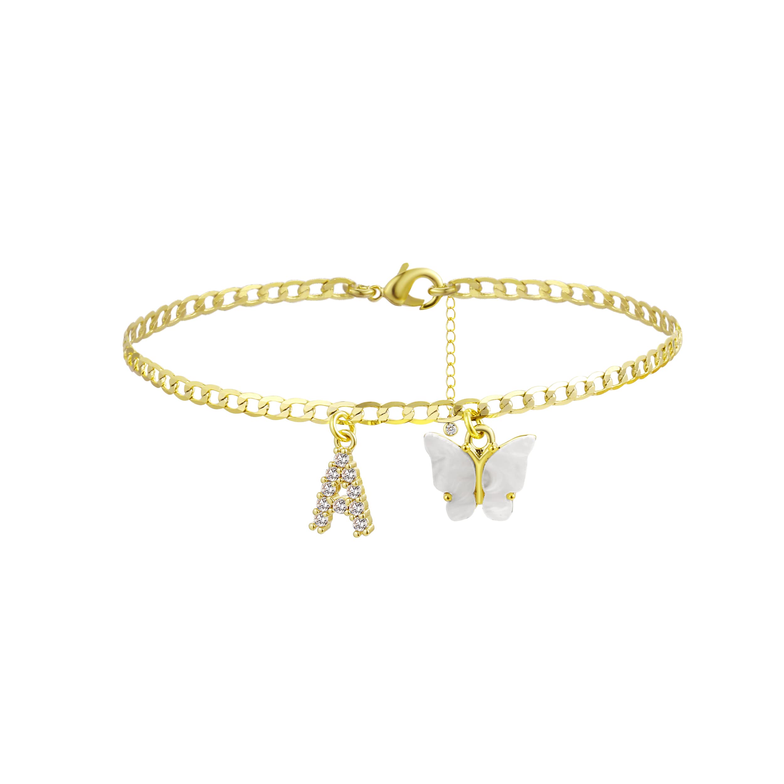 VIROMY 14K Gold Plated Dainty Butterfly Initial Ankle Bracelets Handmade Cuban Chain White Butterfly A Alphabet Letter Initial Anklets Personalized Summer Beach Jewelry Gifts for Women A