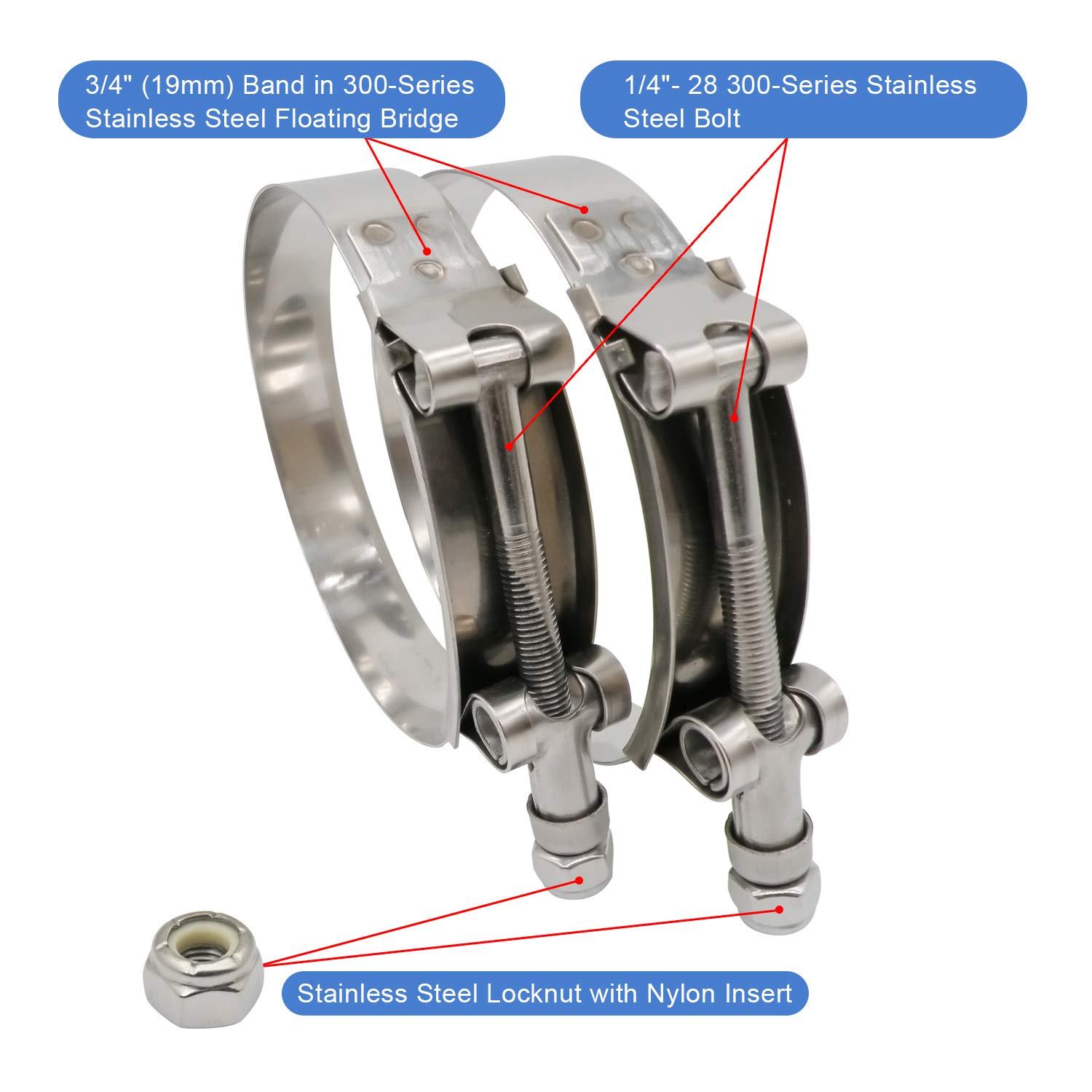 Roadformer 4" T-Bolt Hose Clamp - Working Range 108mm - 116mm for 4" Hose ID, Stainless Steel Bolt, Stainless Steel Band Floating Bridge and Nylon Insert Locknut (108mm - 116mm, 2 pack)