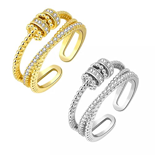 Zircon Transfer Opening Ring Transfer Loop Cross Multilayer Rotating Beads Spinner Ring Three Wire Rotating Adjustable Anxiety Ring for Women Men Birthday Gifts Jewelry-Gold+Silver